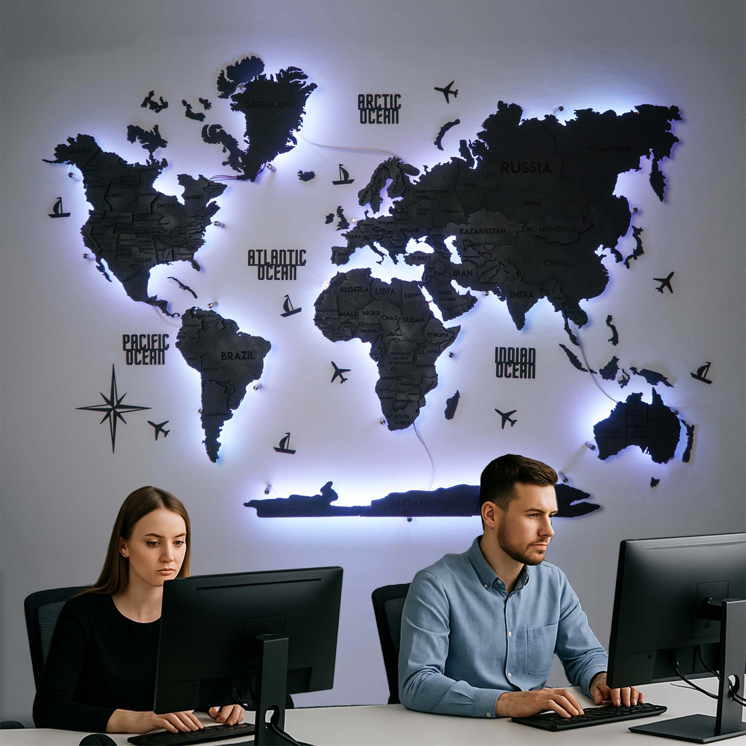 LED 3D Wooden Multilayer world map color Nero – Factura